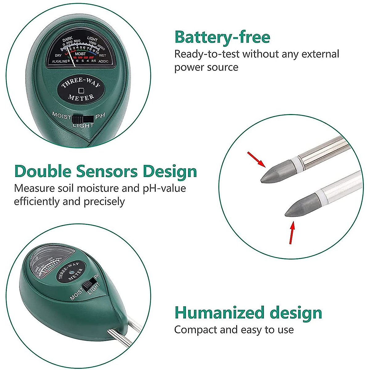 EPOL Soil Moister Meter, 3 in 1 Soil pH Meter, Water Meter and Sunlight Meter, Soil Test Kit for Garden, Farm, House,Lawn, Indoor, Outdoor, Hydrometer for Plants, Green, 2.4x10.2x1.6 in