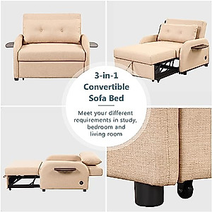 ERYE 3-in-1 Upholstered SofaChair Convertible Single Sleeper Couch Bed, Modern Pull Out Lounger Armchair W/Adjustable Backrest for Home Office Apartment Furniture