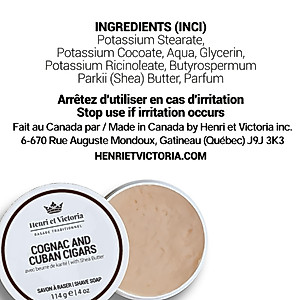 Henri et Victoria Shaving Soap For Men | Smooth Shave, Lathers Up Nicely, Long-Lasting Scent | Canadian Made by Skilled Artisan 114 g (4 oz) (Cognac and Cuban Cigars)