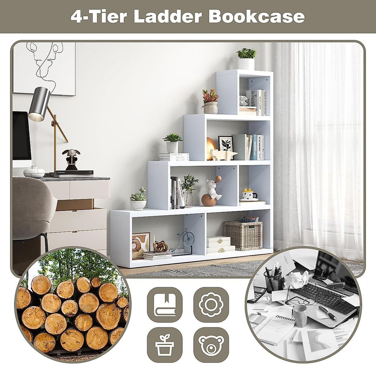 SILKYDRY 4 Tier Bookshelf, L Shaped Ladder Corner Bookshelf, 6 Cubes Stepped Etagere Bookcase, 10 Shelves Storage Display Rack for Living Room Home Office Hallway (White)