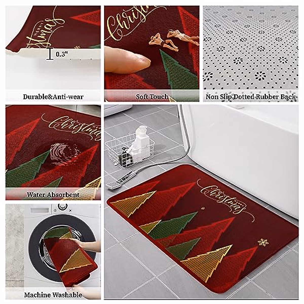 Door Mat Red Yellow Green Trees Memory Foam Cushioned Kitchen Rug, 16x24 Inch Water Absorbent Soft Touch Standing Mat for Bathroom, Office, Sink, Laundry, Home Merry Christmas Snowflakes