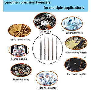 Tweezers, 5 Pcs Precision Tweezers Set, Anti-Static Stainless Steel Long Tweezers Kit for Electronics, Laboratory Work, Jewelry-Making, Craft, Soldering, Hobby, Watches, Car Machines Repair Etc