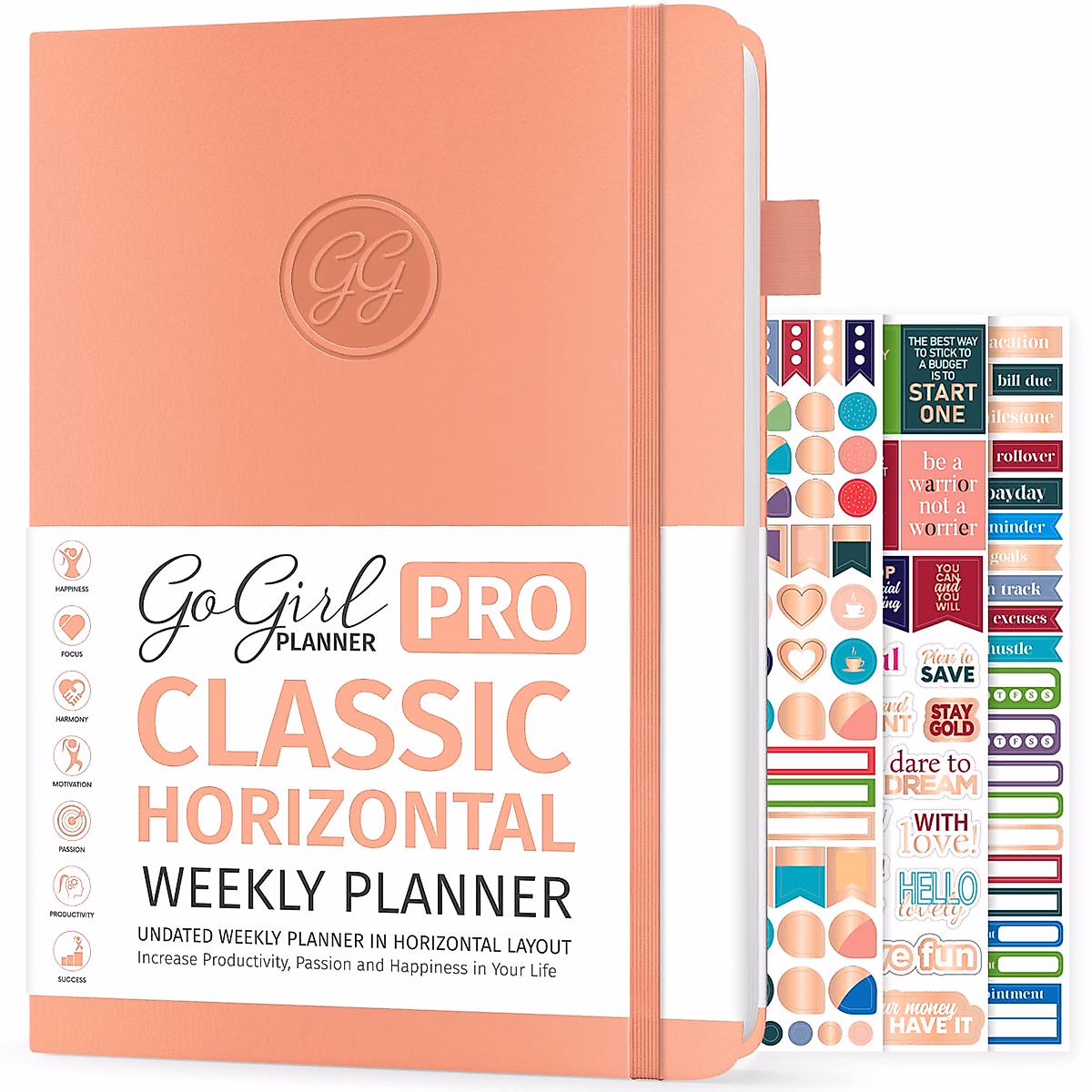 GoGirl Planner PRO - Undated Horizontal Layout Weekly Planner and Organizer + Budgeting and Expense Tracking Pages, Goals Journal & Agenda, 7" x 10" Hardcover, Lasts 1 Year - Peach Pink