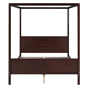 WOODRK Queen Size Canopy Platform Bed Frame with Headboard and Footboard, Wood Slat Support Leg, Modern Design Platform Beds with 4 Canopy Columns, for Bedroom, No Box Spring Needed, Espresso