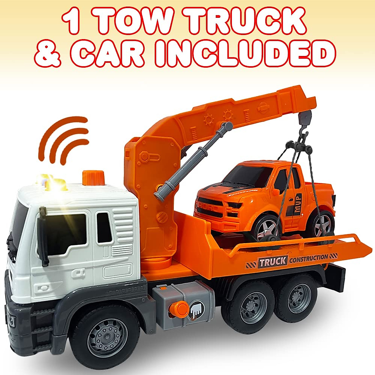ArtCreativity Light Up Tow Truck Toy, Scale Model Tow Truck with Movable Flat Bed, Lights, Sound, and Small Car Toy for Kids, Interactive Tow Truck Toys for Boys and Girls, for Ages 3 and Up