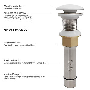 GZILA Vessel Sink Drain Without Overflow, White Pop-Up Drain with Basket Stopper, Bathroom Vanity Ceramic Brass Strainer Hair Catcher, Anti-Clogging Brushed Nickel, Porcelain Cap