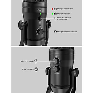 FIFINE USB Studio Recording Microphone 3.5mm/6.35mm Monitor Headphones for Podcast, Computer Mic with Mute Button, Four Pickup Patterns for Vocals ASMR, Black Headphones (K690+H8)