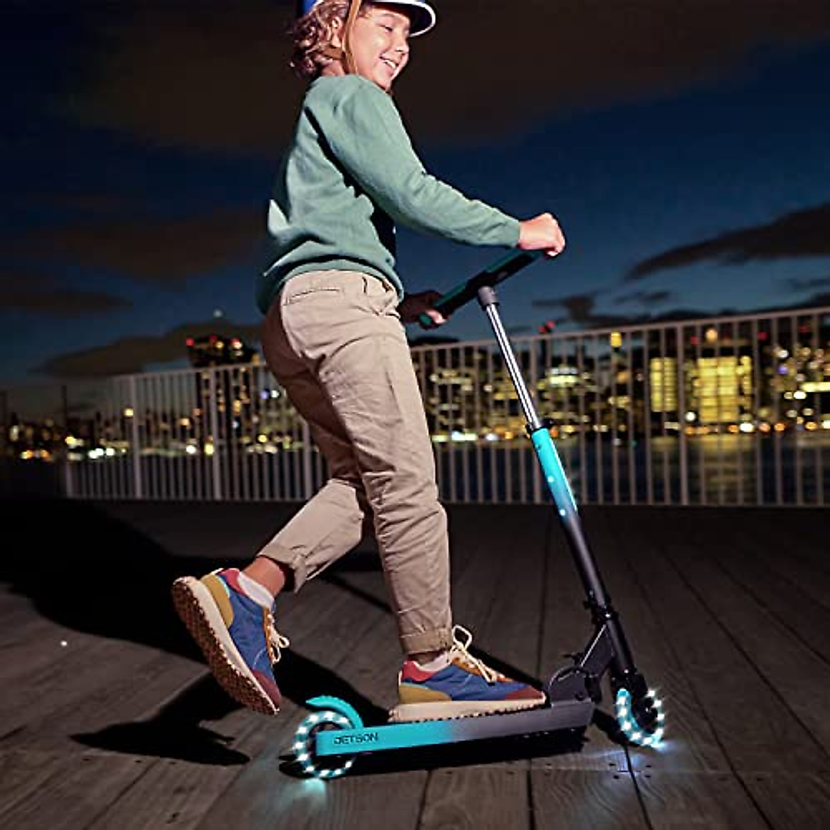 Jetson Scooters - Juno Kick Scooter (Blue) - Collapsible Portable Kids Push Scooter - Lightweight Folding Design with High Visibility RGB Light Up LEDs on Stem and Wheels