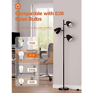 addlon Tree Floor Lamp with 3 Adjustable Rotating Lights and Matching LED Bulbs, Standing Tall Pole Lamps for Living Room, Bedroom, Home, Office - UL Listed, Black