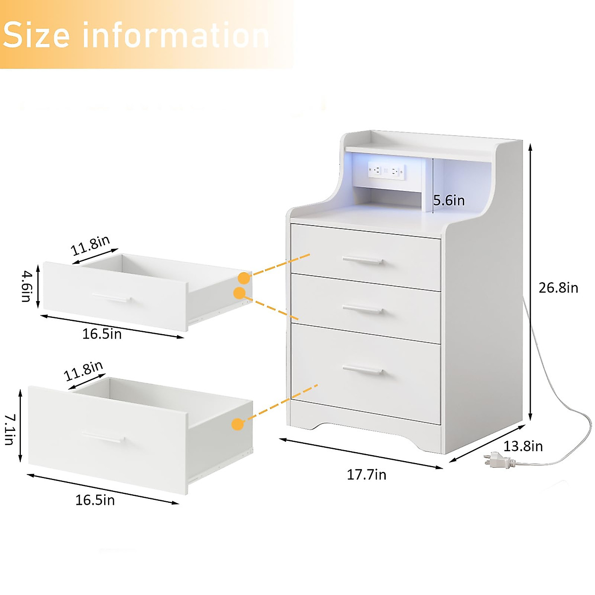 Vabches Nightstand with Charging Station, LED Nightstand with 3 Drawers, Smart Night Stand Bed Side Table, Wood Nightstand for Bedroom Living Room