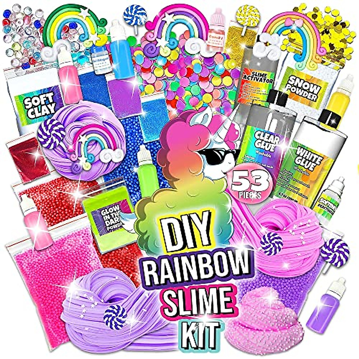 Laevo Unicorn Slime Kit - DIY Slime Kits - Supplies Makes Butter Slime, Cloud Slime, Clear Slime & More Sets - Toys for 5+ Years Old (Rainbow Slime Kit)