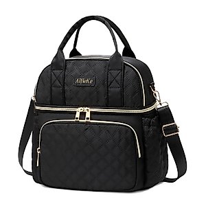 AIJIEKE Lunch Bag for Men Women, Dual Compartment Lunch Box Insulated Lunch Bags, Large Adult Double Deck Leak Proof Lunch Tote Cooler with Adjustable Shoulder Strap for Work Picnic Beach, Black