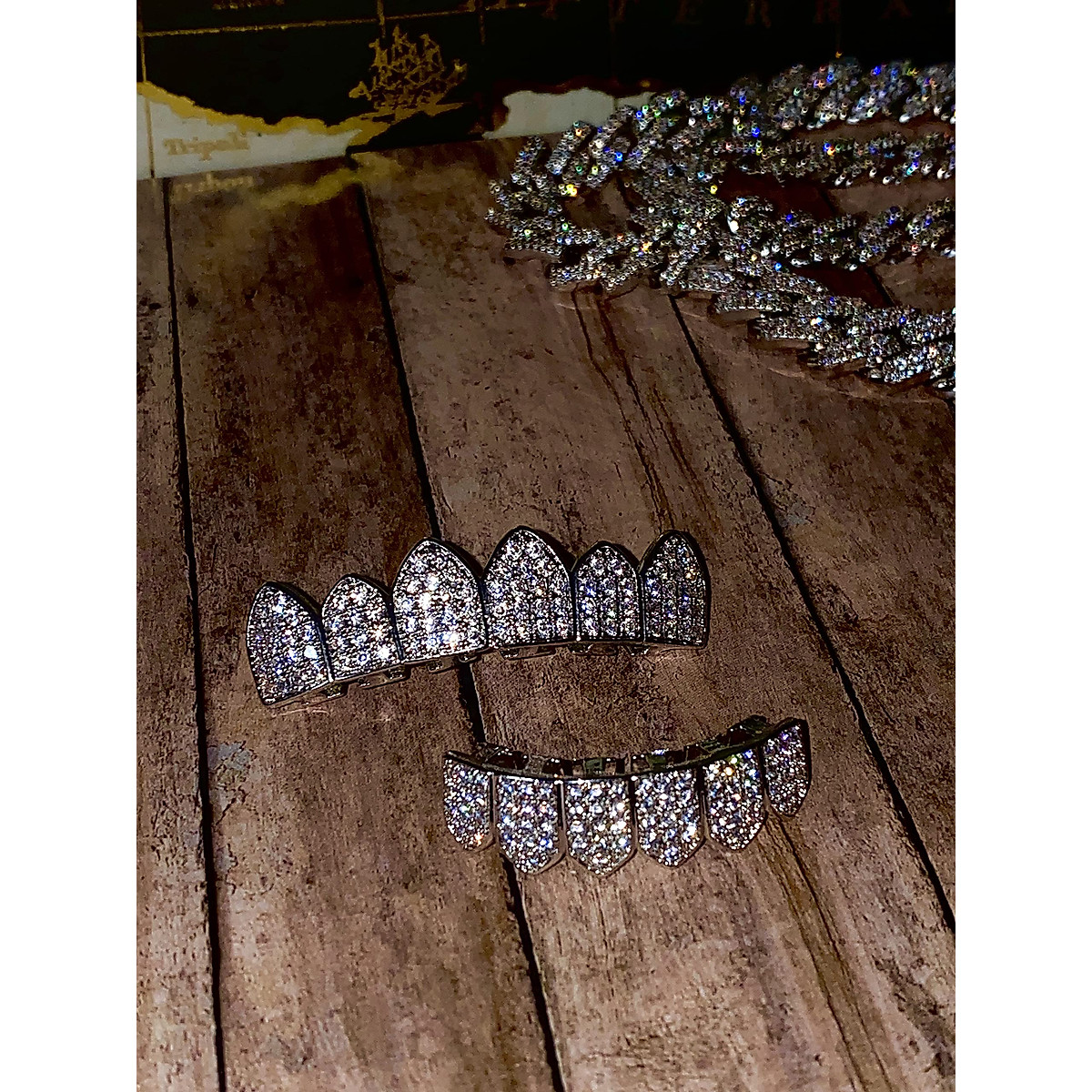 18K White Gold Plated CZ Cluster Custom Slugs Top Bottom Grillz Mouth Teeth Grills Set - Grillz, Teeth Cap, Iced Out Grillz (Silver Top & Bottom Set)