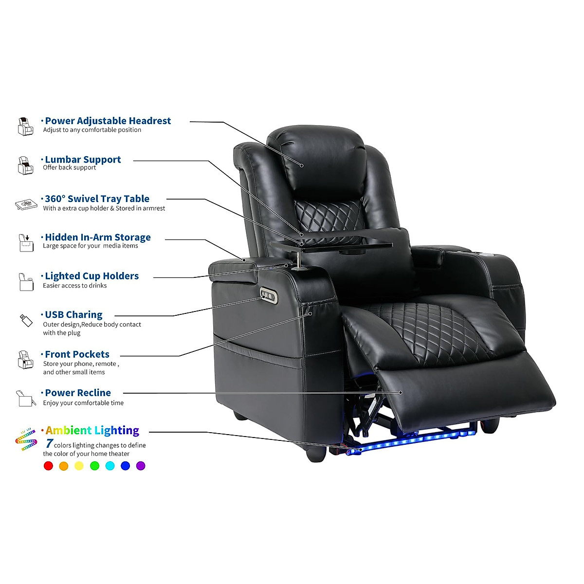 Airadlis Home Theater Seating Seats, Game Movie Theater Chairs Theater Recliner Sofa with 7 Colors Ambient Lighting, Lumbar Pillow, Side Pocket, Tray Table, Power Recline, Black