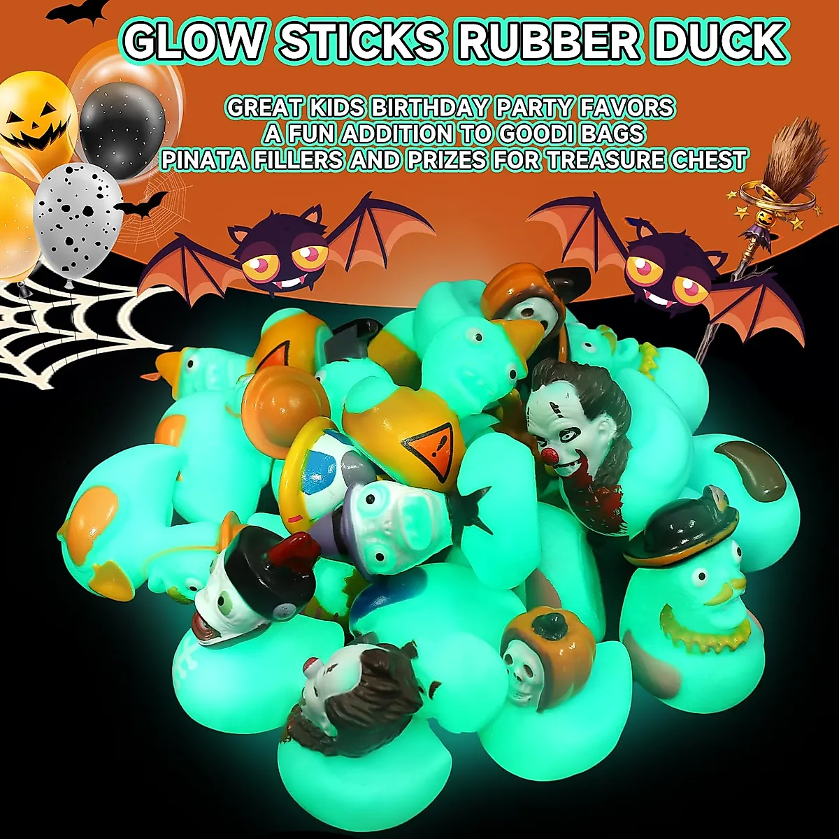 SCIONE 48 Pack Glow in The Dark Halloween Rubber Duck Party Favors, Assorted Rubber Ducks Toys Halloween Party Supplies Trick or Treat Supplies Goodie Bag Fillers Baby Showers Bath Toys for Kids