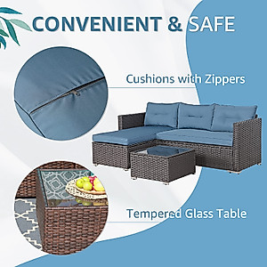 OC Orange-Casual Patio Furniture Set, All-Weather Outdoor Sectional Sofa Set, Wicker Lounge Couch with Glass Coffee Table for Deck Balcony Porch, Brown Rattan, Aegean Blue Cushion