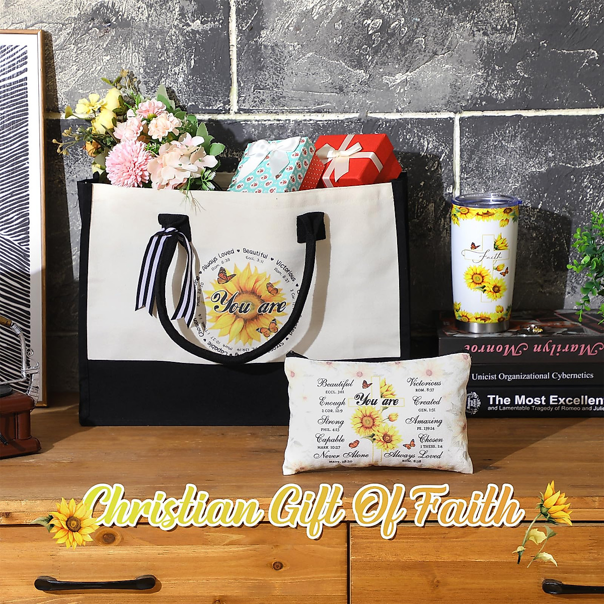 Aliceset 4 Pcs Christian Gifts for Women Include Inspiration Religious Tote Bag 20 oz Stainless Steel Tumbler Bible Verse Keychain Catholic Makeup Bag Birthday Gifts for Women Mom Friend (Sunflower)