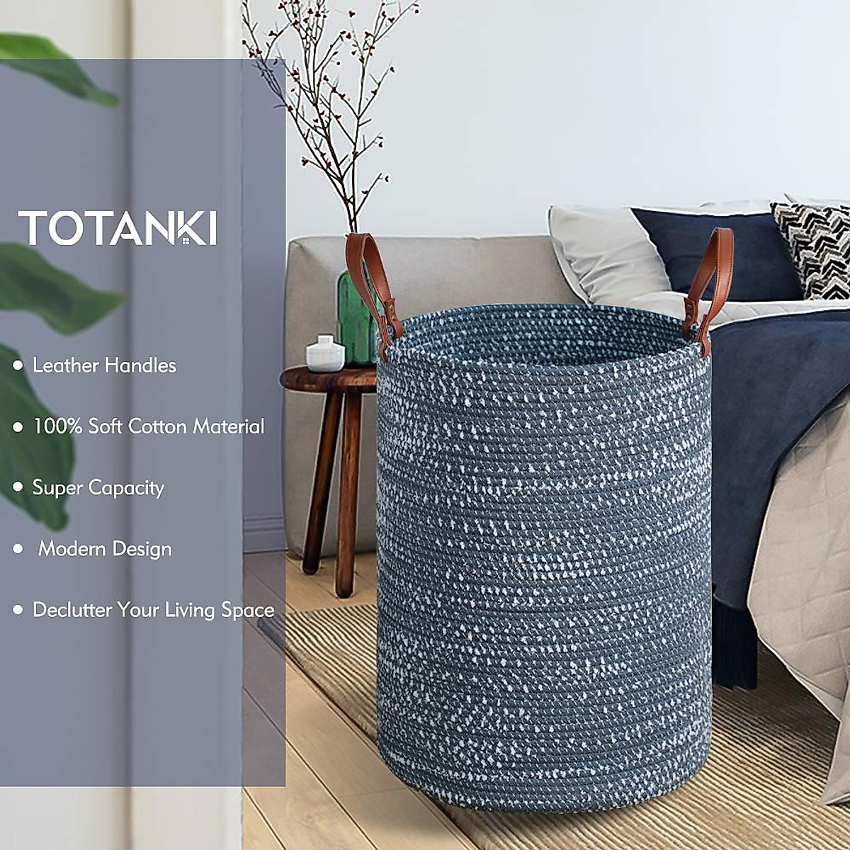 TOTANKI Large Cotton Rope Laundry Storage Basket - 15.7 Inches(D) x 19.7 Inches(H) - Collapsible Woven Basket with Leather Handles for Storing Clothing, Diapers, Toys (Blue)