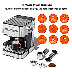 Chefman 6-in-1 Espresso Machine with Steamer, One-Touch Single or Double Shot Maker, Coffee Cappuccino Machine, Latte Built-In Milk Frother Stainless Steel