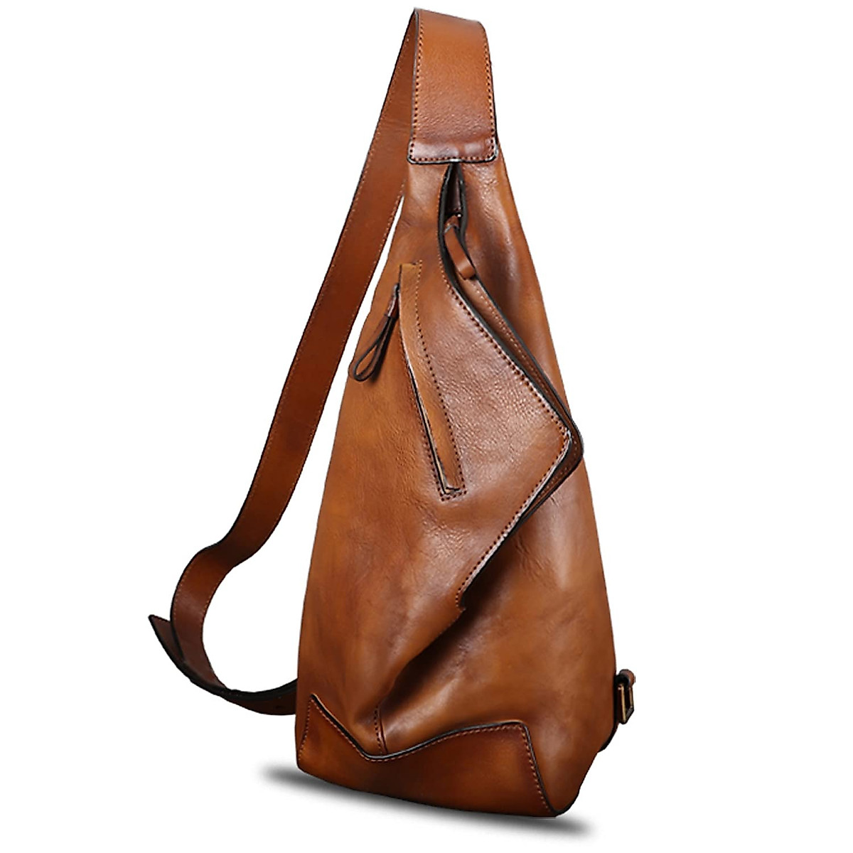 Genuine Leather Sling Bag Crossbody Casual Hiking Daypack Vintage Handmade Shoulder Backpack Motorcycle Chest Bag (Brown)