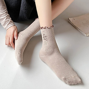 zrylibya Women's Ruffle Frilly Rib Knit Crew Socks Floral Embroidery Scalloped Pointelle Casual Ankle Socks 5 Pairs (Multicolor B)