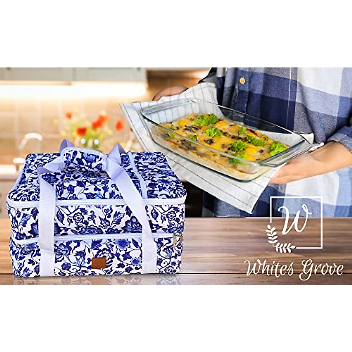 Whites Grove Casserole Carrier, Large Insulated Casserole carrier for hot or cold food, Insulated casserole carrier 9''x13''Lasagna Lugger Tote for Potluck, blue casserole carrier