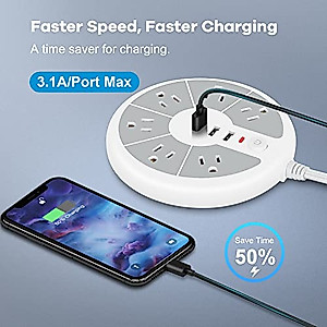 Flat Plug Power Strip with Surge Protection - 6 Outlets Flat Extension Cord Surge Protector with 3 USB Ports - Compact Charging Station Multi Plug Outlet Extender for Electronic Deivces, Home, Office