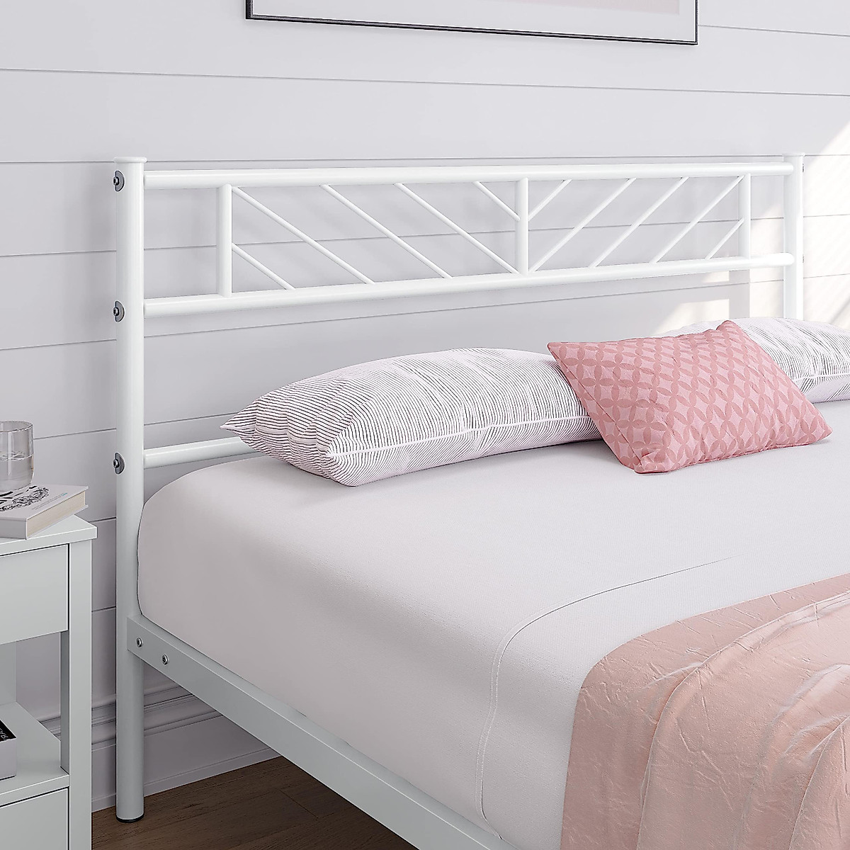 Yaheetech Full Size Platform Bed Frame with Arrow Design Headboard, 13 Inches Metal Mattress Foundation for Storage, No Box Spring Needed, Easy Assembly, Modern, White