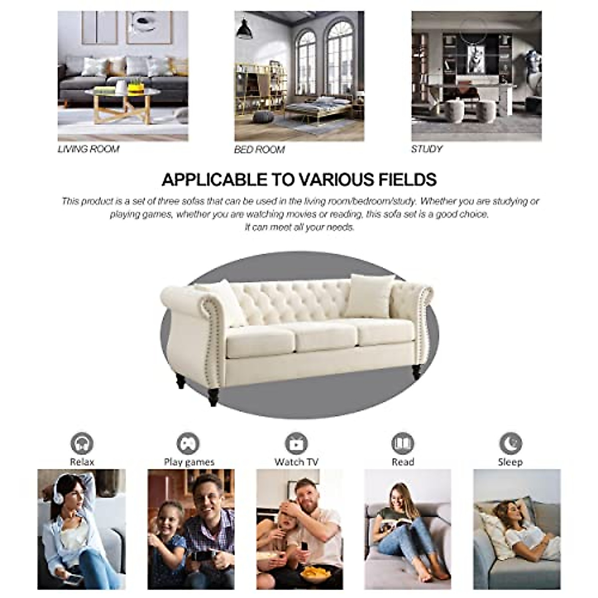 Fulocseny 3 Seater Chesterfield Sofa Velvet for Living Room,80" Sofa Tufted Upholstered Couch with Rolled Arms and Nailhead,Bedroom,Office,Apartment,Two Pillows (Velvet, Beige)