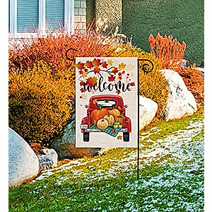 Thanksgiving Fall Welcome Garden Flags for Outside,Truck with Pumpkins Maple Leaves,Harvest Decorative Farmhouse Flag for Patch,12.5 x 18 Inch Double Sided,Small Thanksgiving Yard Flags for Autumn Outdoor Decor