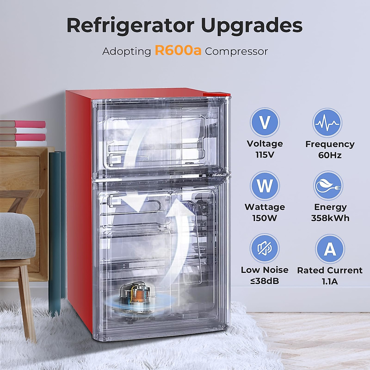 R.W.FLAME mini Refrigerator with Freezer,Retro Small Fridge 3.2 Cu.Ft Double 2-Door,Energy Saving,Mini Refrigerator, Adjustable Removable Shelves,retro mini fridge for bedroom,Office, Home, Red