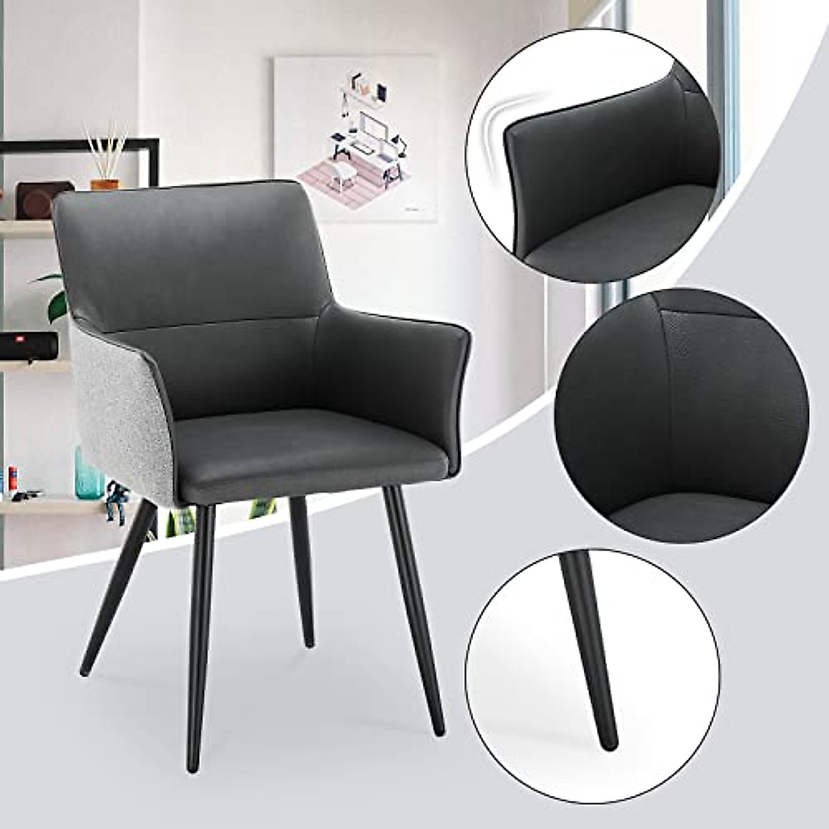 CLIPOP Modern Dining Chairs Set of 4, Faux Leather & Linen Fabric Upholstered Dining Chairs Accent Arm Chairs with Metal Legs, Side Chairs for Guest Living Dining Room Kitchen, Dark Grey