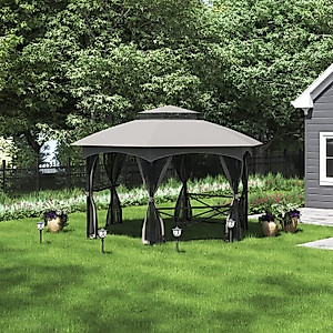 ZZBJ Outdoor Patio Hexagon Gazebo 13' W X 11' D Dome Top Powder-Coated Steel Frame Gazebo with Net Gray