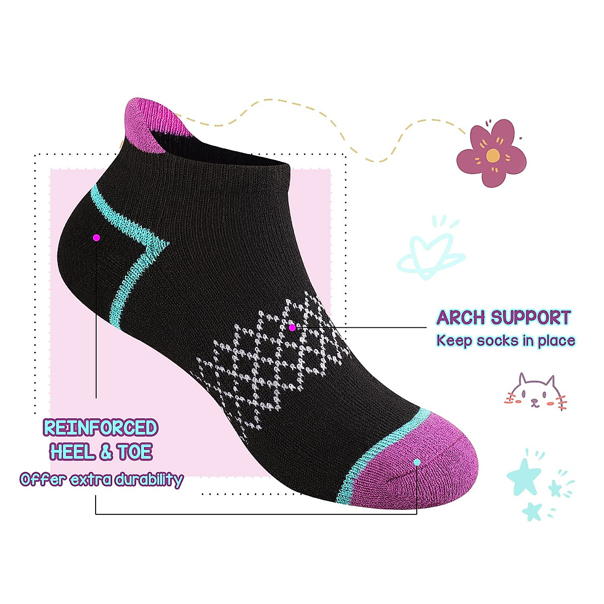 Comfoex 12 Pairs Girls Socks Ankle Athletic Socks Cotton Sports Socks With Cushioned Sole For Big Little Kids,Big Kid