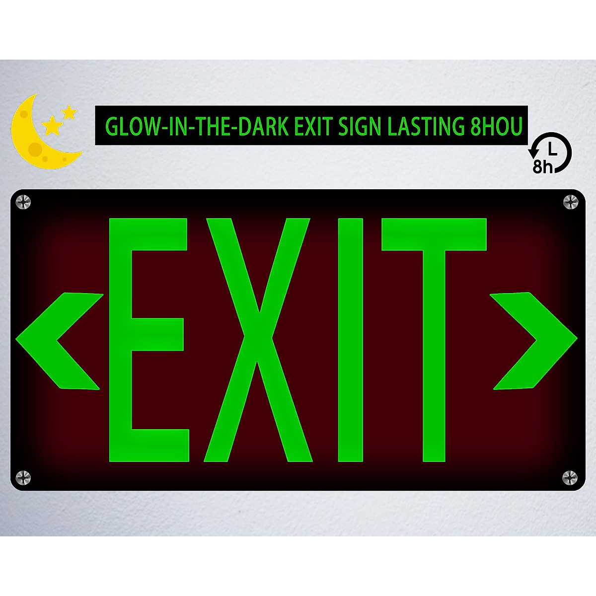 (2 Pack) Photoluminescent Exit Sign Red - with Removable Directional Arrows, With strong self adhesive tape, 14.25 x 7.5 Inches Heavy Duty Aluminum Signs, Fade Resistant
