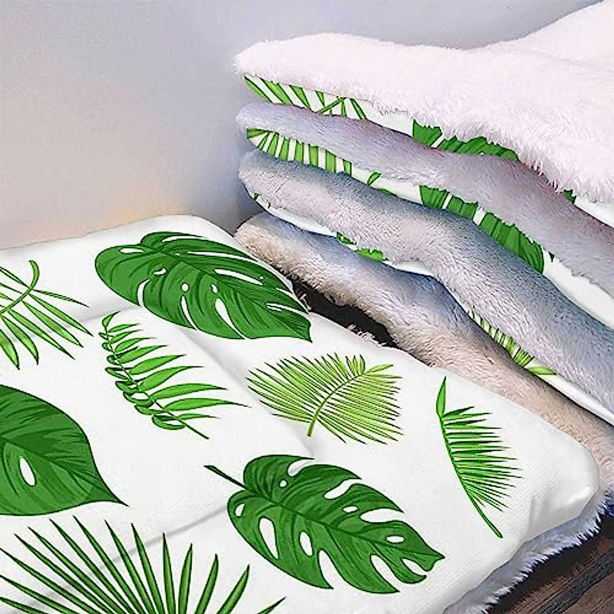 Pale Green Non-Electric Pet Warming Pad Leaf Nature Jungle Forest Super Soft Plush Dog Crate Pad for Travel or Home Party Theme 14" x 18"