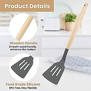 Silicone Turner, Silicone Spatula, Wooden Spatula for Cooking, Silicone Turner Spatula with Wooden Handle for Pancake, Egg, Fish, Burger