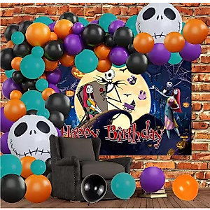 121 Pcs Nightmare Christmas Balloon Arch Kit, Halloween Decoration Set, blue purple orange black latex balloons,Halloween Foil Balloons and background, for Halloween party Decoration