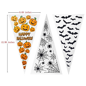 Halloween Bags for Candy 150Pc Cellophane Cone Treat Bags with Twist Tie (Bat Spider Web Pumpkin Candy Cone Bags)