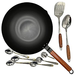 vivicreate Carbon Steel Wok Pan, 9 Piece Woks & Stir-Fry Pans Set with Spatula, No Chemical Coated Flat Bottom Chinese Pan for Induction, Electric, Gas, suitable All Stoves - 12.5''
