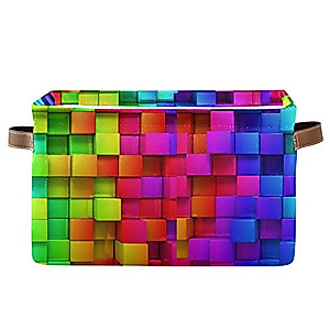 ALAZA Decorative Basket Rectangular Storage Bin, Rainbow of Colorful Boxes Organizer Basket with Leather Handles for Home Office
