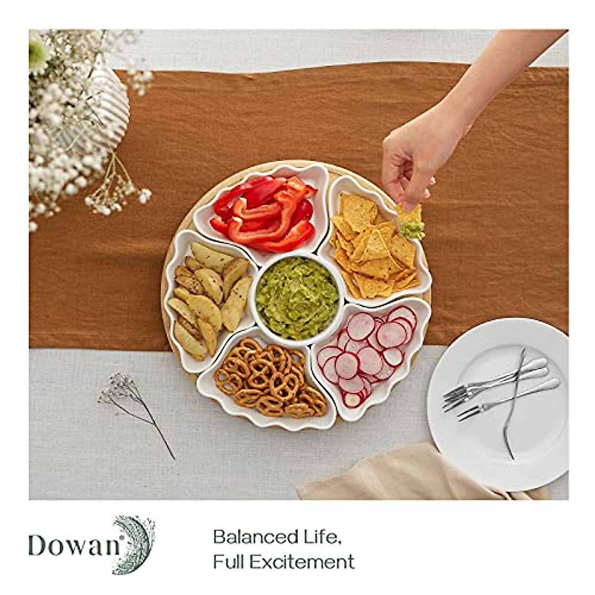DOWAN 12 Inches Serving Tray and Platters, Divided Serving Bowls for Party, Removable Serving Dishes for Chips and Dip, Fruit, Veggies, Candy and Snacks, 7 Pieces, White
