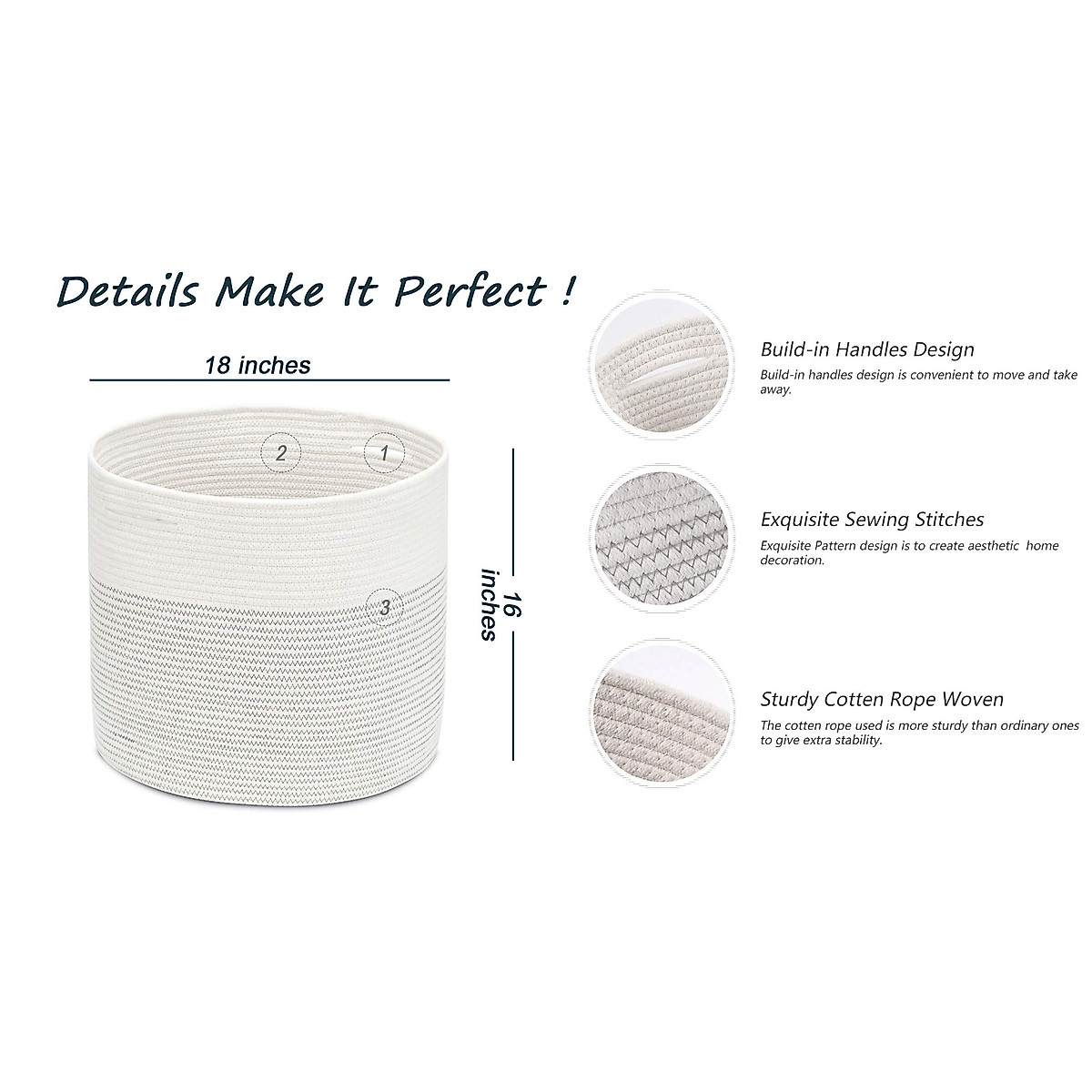 Large Cotton Rope Baskets 18'' x 16'', Woven Blanket Storage Baskets with Handles, Baby Kids Toy Bins Storage,Decorative Laundry Baskets in Nursery Living Room