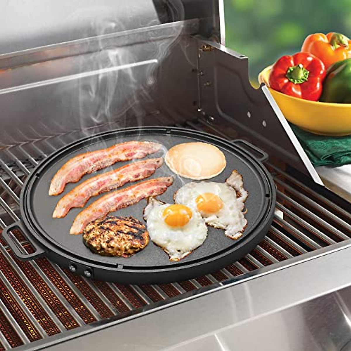 Onlyfire Chef 18" Cast Iron Campfire Griddle, Double Sided Reversible Stovetop Grill, Griddle Pan with Handles, 3 Removable & Height Adjustable Legs, Perfect for Gas Cooker, Outdoor Campfire Cooking