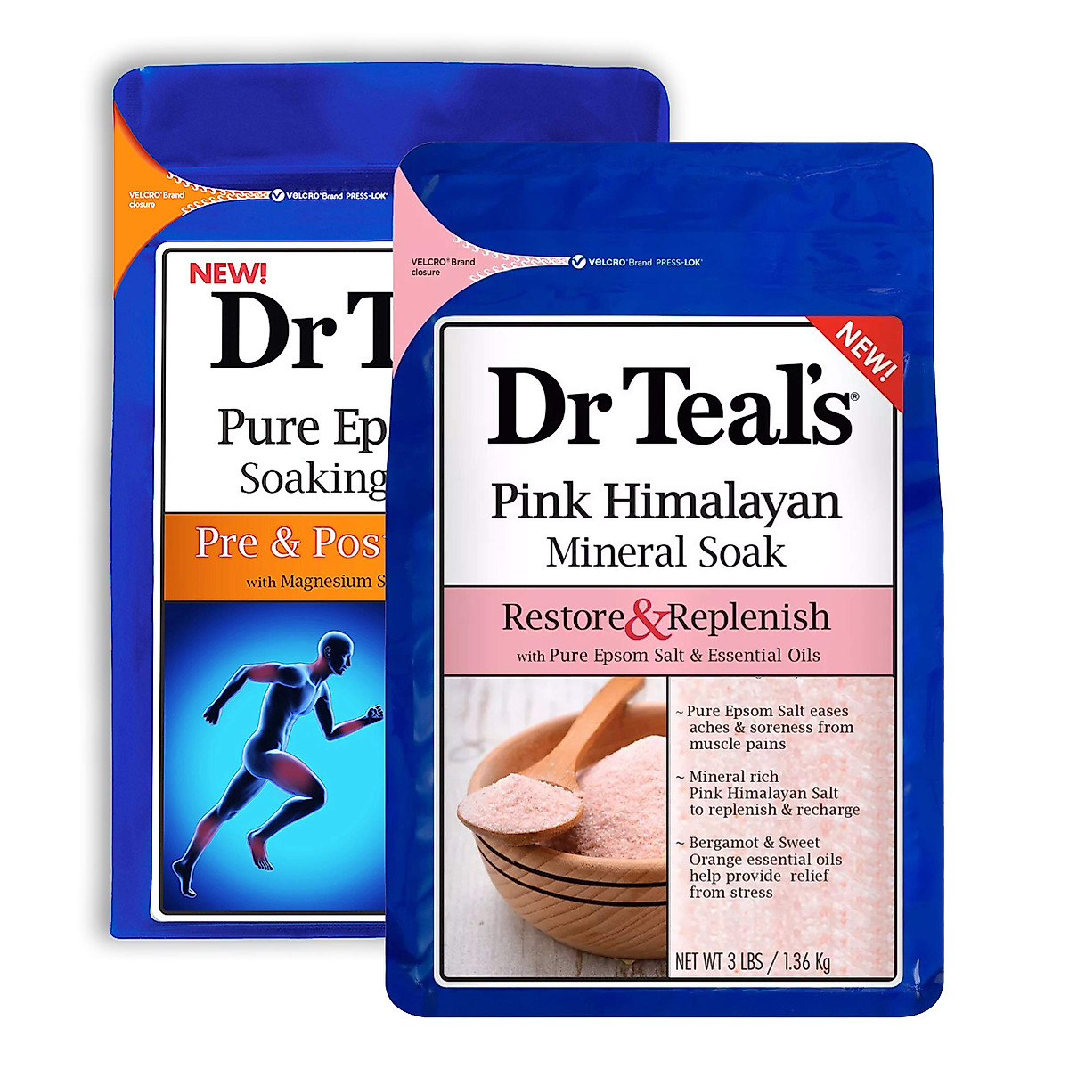Dr. Teal's Pure Epsom Salt Soaking Solution Gift Set (2 Pack, 3lbs ea.) - Restore & Replenish with Pink Himalayan Salt, Pre & Post Workout with Menthol - Essential Oils Calm Senses & Relieve Stress