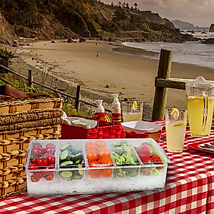 MorTime Ice Chilled Condiment Server with 5 Removable Compartments, Clear Sauce Caddy Serving Tray Container with Lid, Set of 5 Serving Spoons & 3 Tongs Included