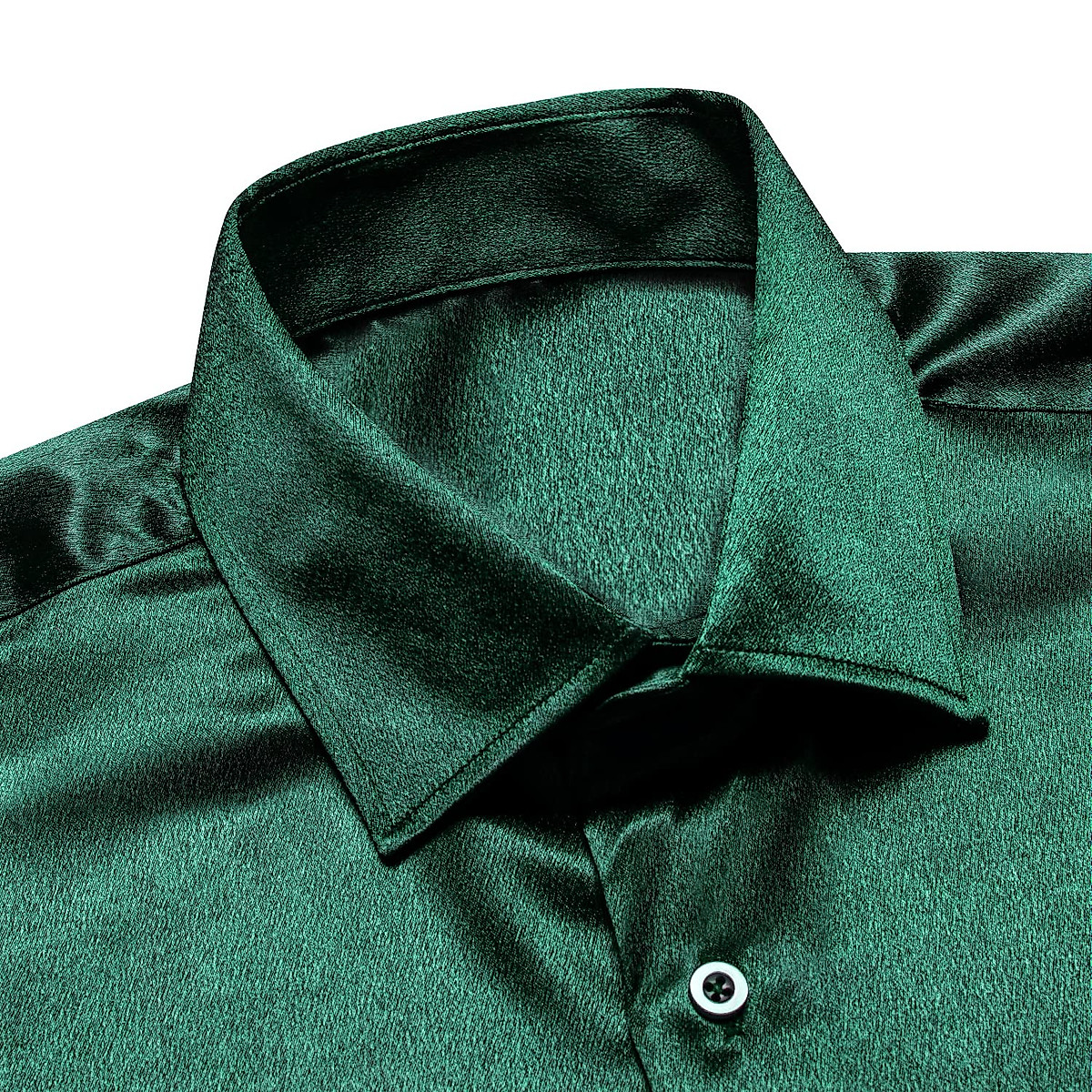 Hi-Tie Men's Dark Green Dress Shirt Long Sleeve Satin Silk Like Regular Fit Solid Turn Down Collar Shirt Casual Prom Daily