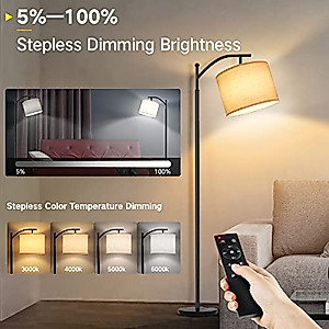 OUTON Arc Floor Lamp with Remote Control, LED Dimmable Modern Lamp with 4 Color Temperatures, Tall Standing Reading Lamp with Adjustable White Linen Shade for Living Room, Office, Black Matte