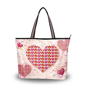 QMXO Pink Hearts Valentine's Day Handbags and Purse for Women Tote Bag Large Capacity Top Handle Shopper Shoulder Bag