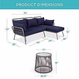 Best Choice Products Outdoor Rope Woven Sectional Patio Furniture L-Shaped Conversation Sofa Set for Backyard, Porch w/Thick Cushions, Detachable Lounger, Side Table - Gray/Navy